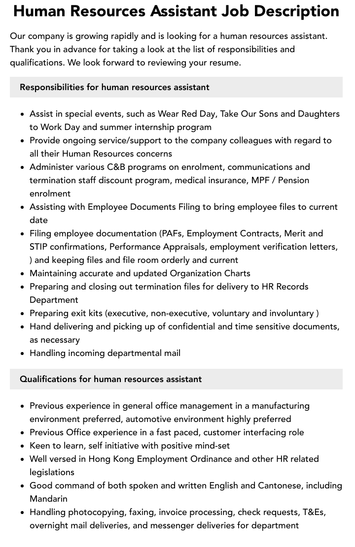 Human Resources Assistant Job Description Velvet Jobs