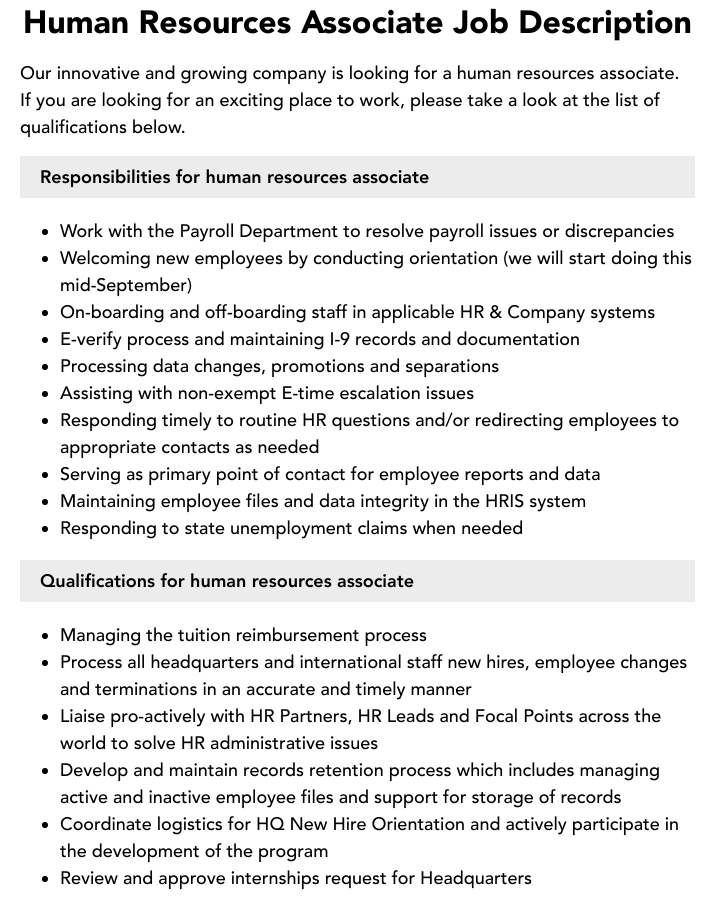 Human Resources Associate Job Description Velvet Jobs