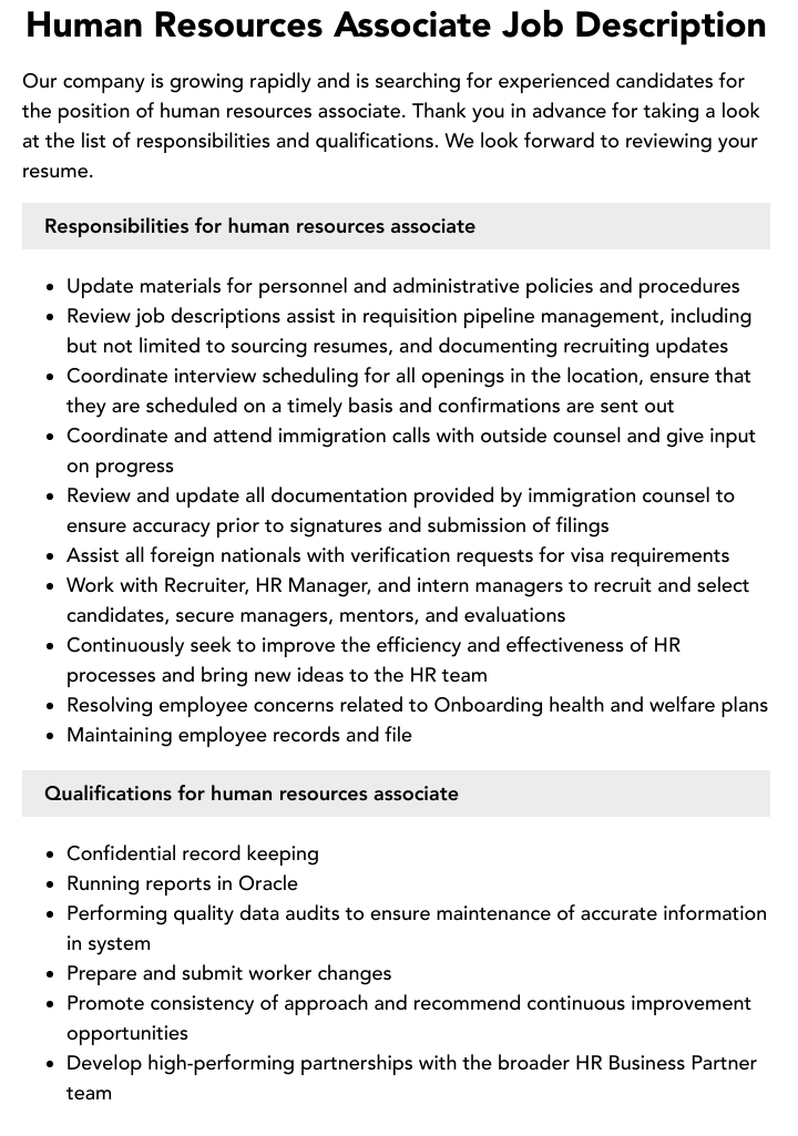 Human Resources Associate Job Description Velvet Jobs