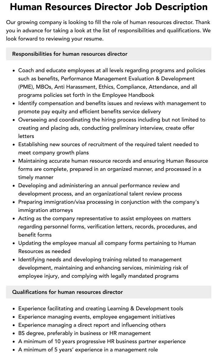 Human Resources Director Job Description | Velvet Jobs