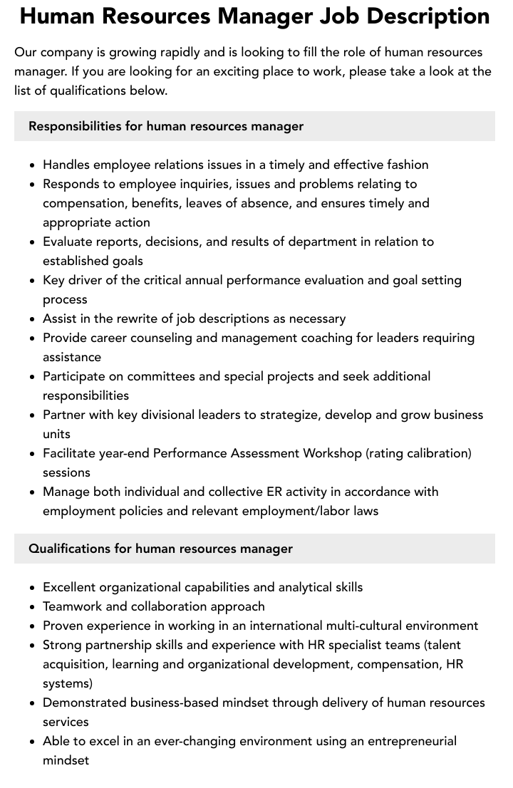 Human Resources Manager Job Description Velvet Jobs