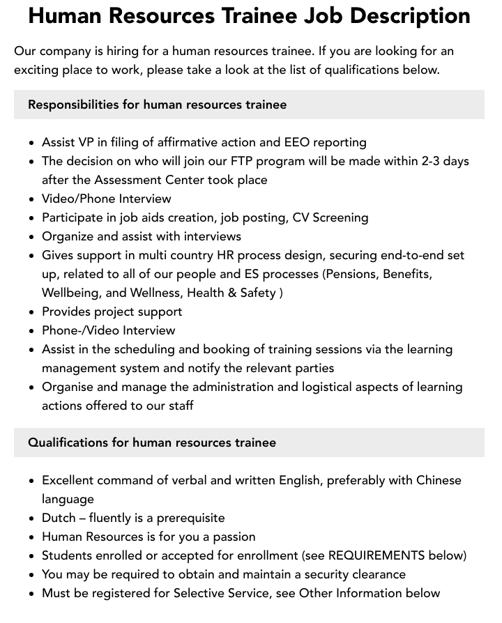 Human Resources Trainee Job Description Velvet Jobs