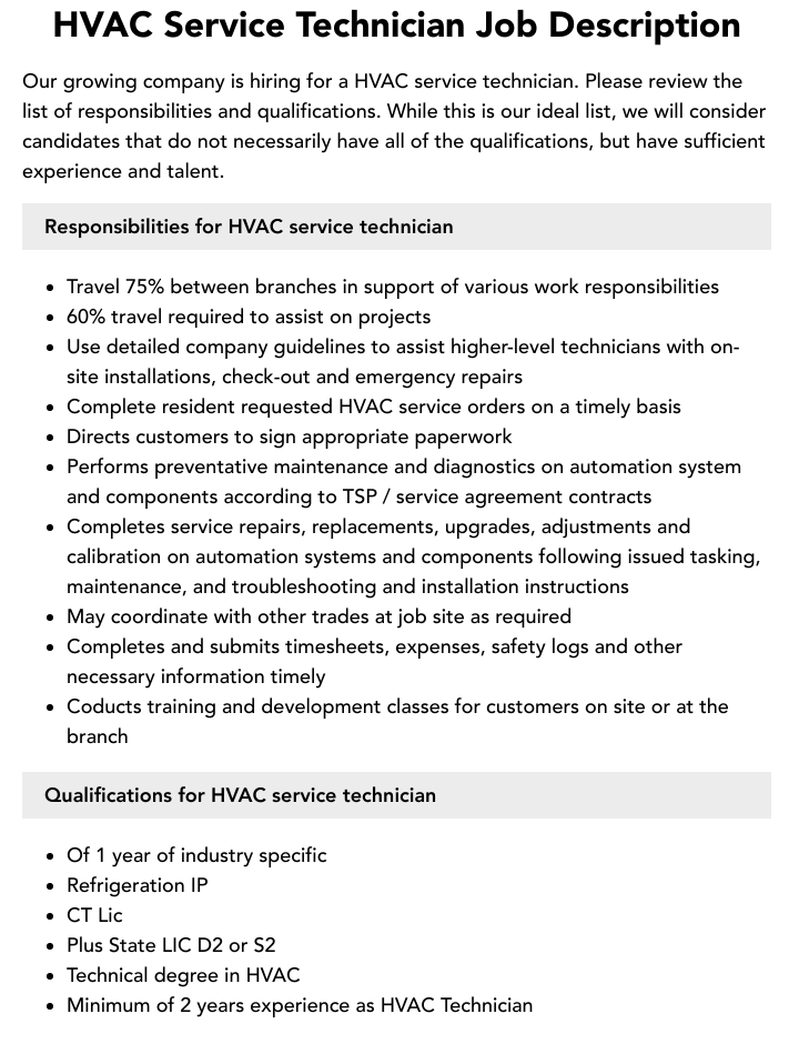 HVAC Service Technician Job Description Velvet Jobs
