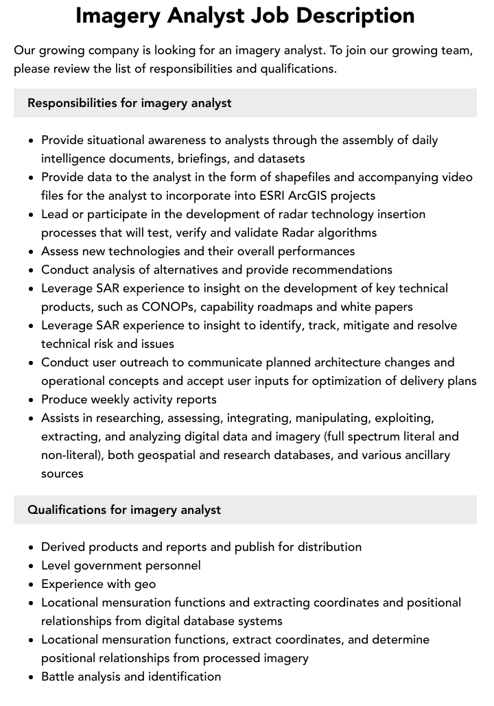 Imagery Analyst Job Description Velvet Jobs