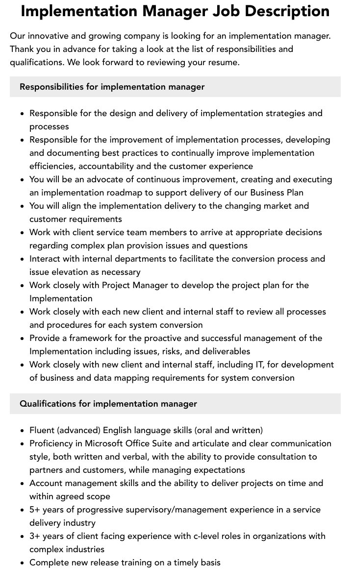 Implementation Manager Job Description Velvet Jobs