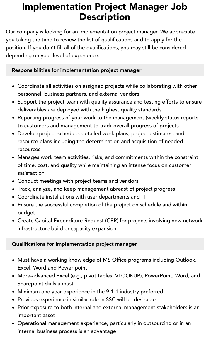 Implementation Project Manager Job Description Velvet Jobs