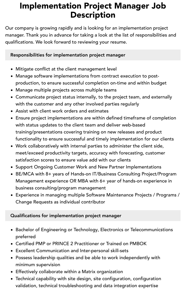 Implementation Project Manager Job Description Velvet Jobs