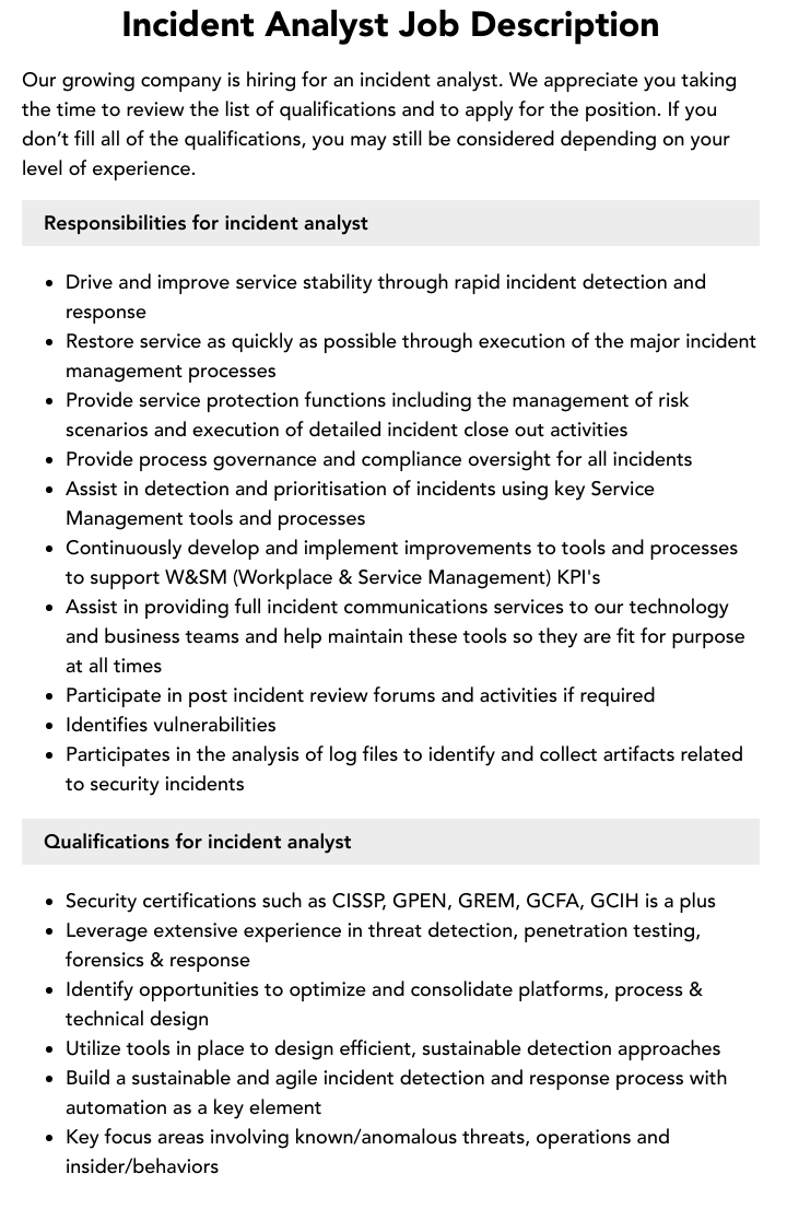 Incident Analyst Job Description Velvet Jobs