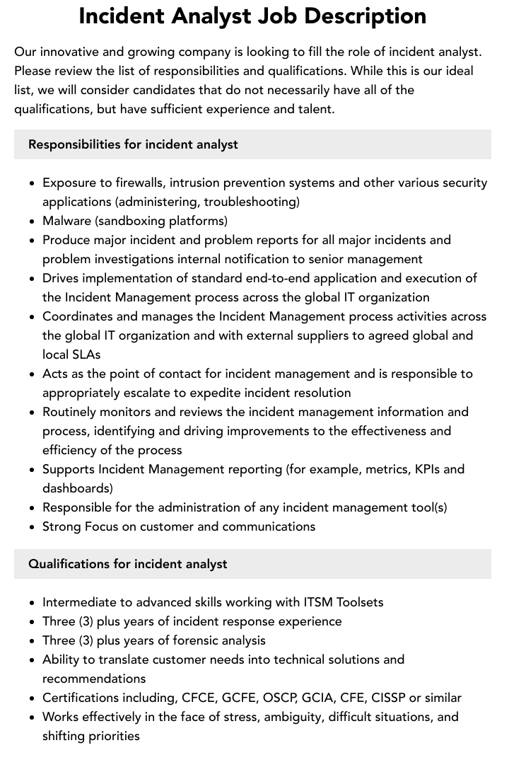 Incident Analyst Job Description Velvet Jobs