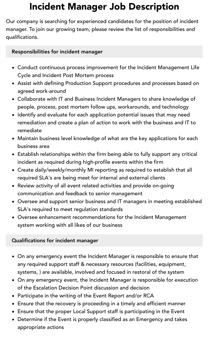 Incident Manager Job Description Velvet Jobs
