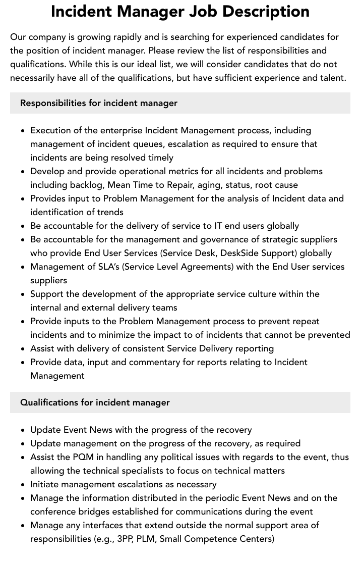 Incident Manager Job Description Velvet Jobs