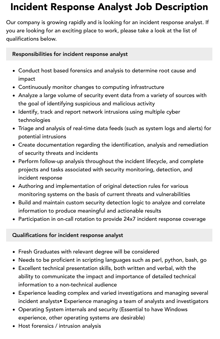 Incident Response Analyst Job Description Velvet Jobs