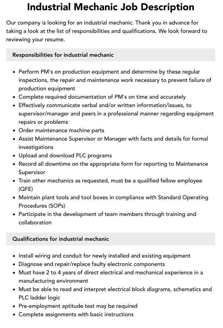 Industrial Mechanic Job Description Velvet Jobs Industrial Mechanic Job Description Velvet Jobs