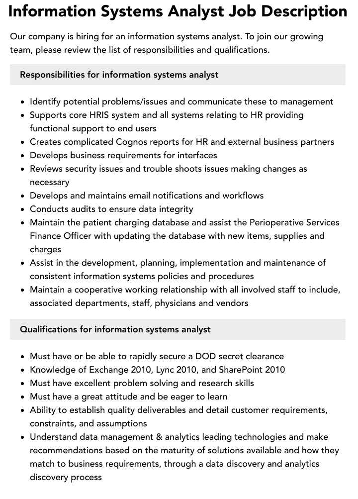 Information Systems Analyst Job Description Velvet Jobs Information Systems Analyst Job Description Velvet Jobs