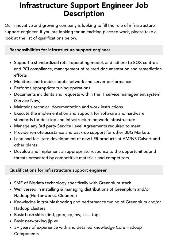 Infrastructure Support Engineer Job Description Velvet Jobs Infrastructure Support Engineer Job Description Velvet Jobs