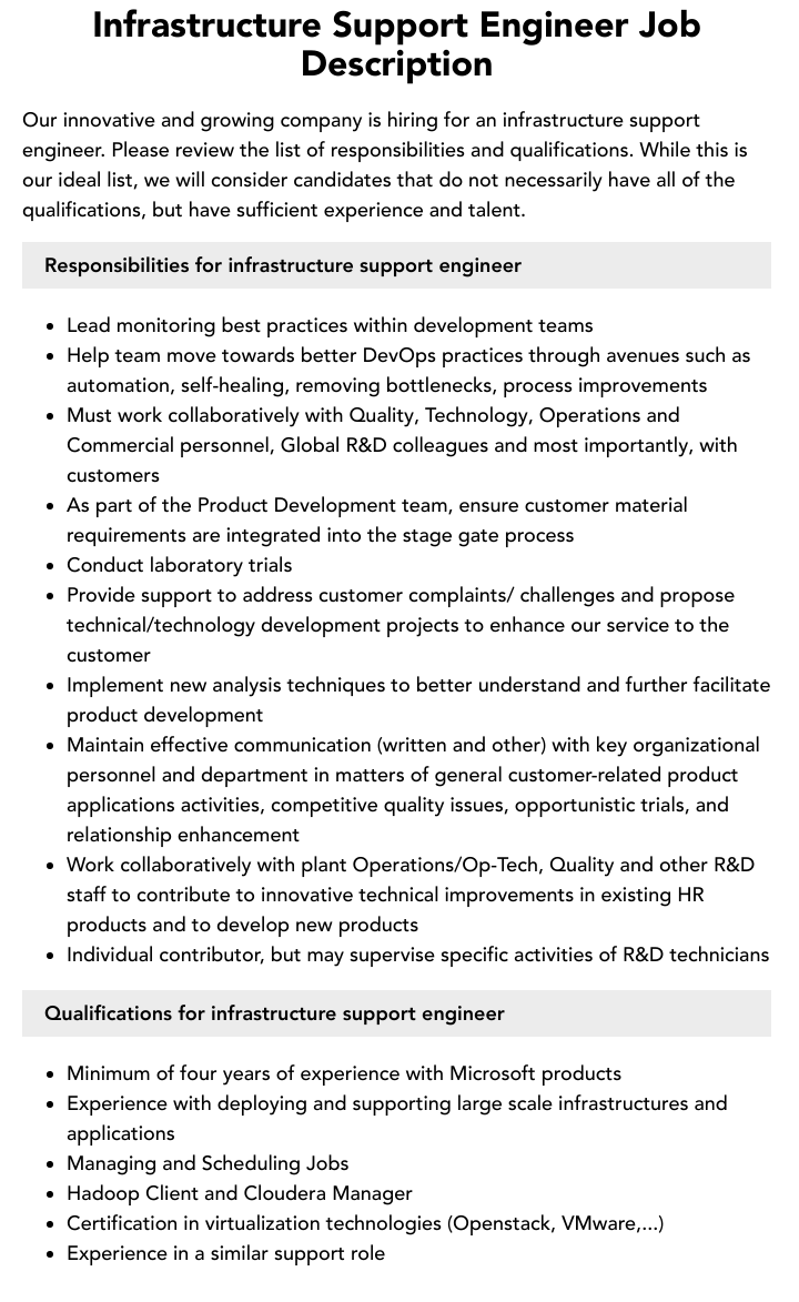 Infrastructure Support Engineer Job Description Velvet Jobs