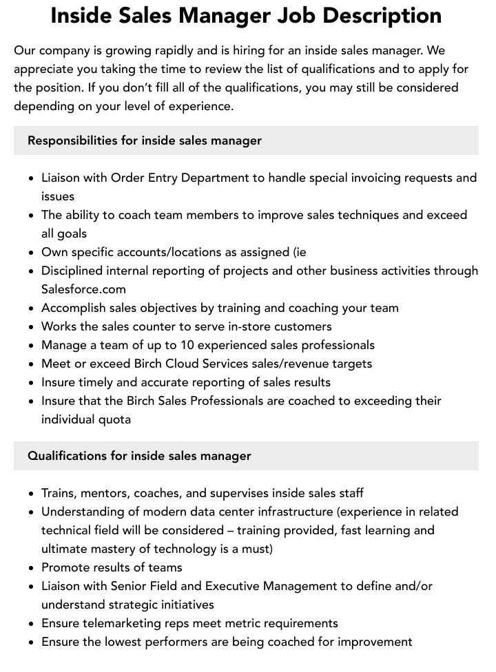  Inside Sales Manager Job Description Velvet Jobs