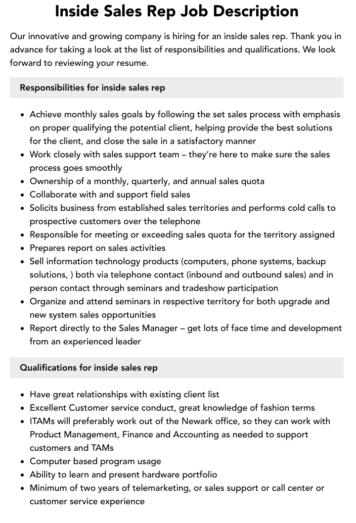 Inside Sales Rep Job Description Velvet Jobs