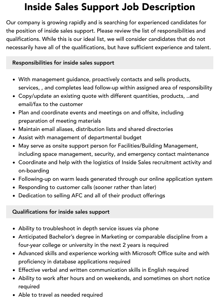 Inside Sales Support Job Description Velvet Jobs