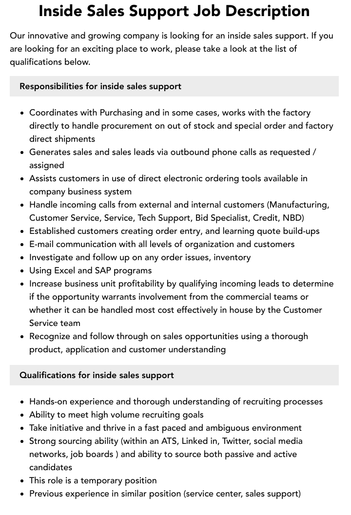 Inside Sales Support Job Description Velvet Jobs Inside Sales Support Job Description Velvet Jobs