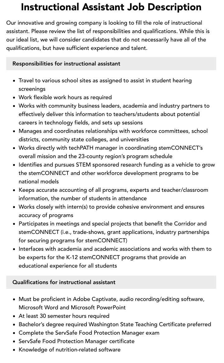 Instructional Assistant Job Description Velvet Jobs