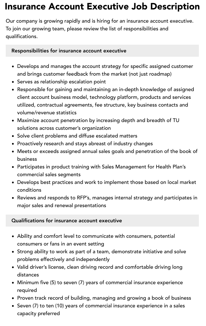 Insurance Account Executive Job Description Velvet Jobs