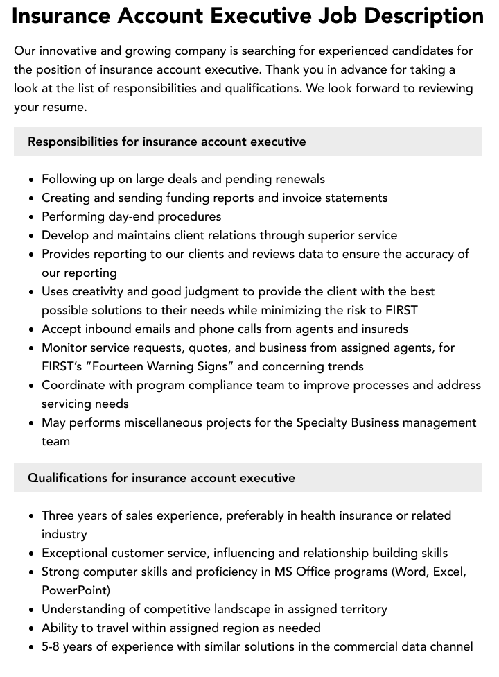 Insurance Account Executive Job Description Velvet Jobs