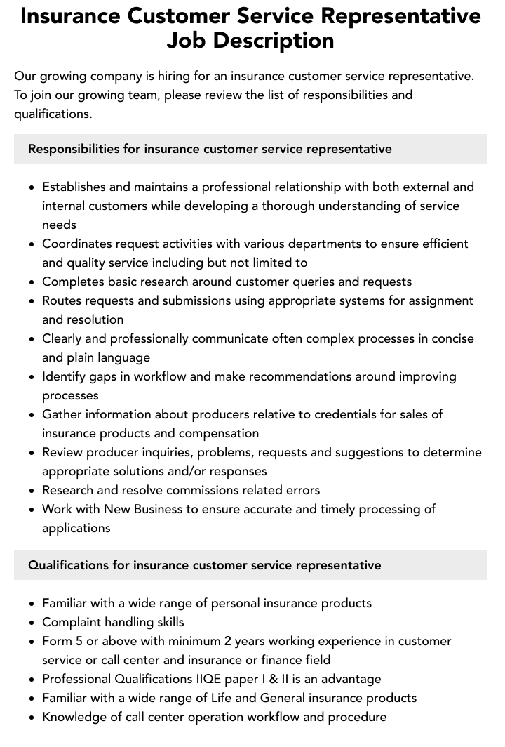 Insurance Customer Service Representative Job Description Velvet Jobs Insurance Customer Service Representative Job Description Velvet Jobs