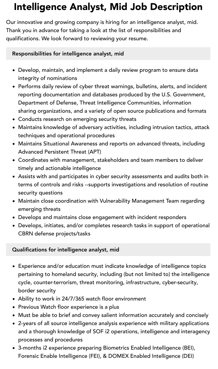 Intelligence Analyst Mid Job Description Velvet Jobs