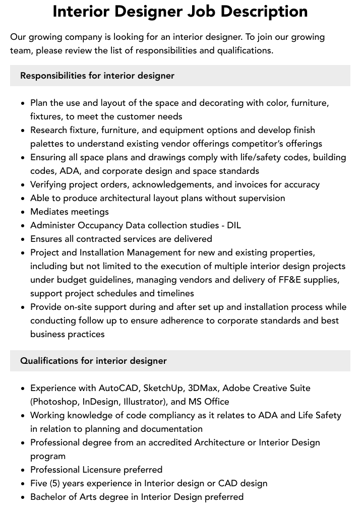 Interior Design Description Template