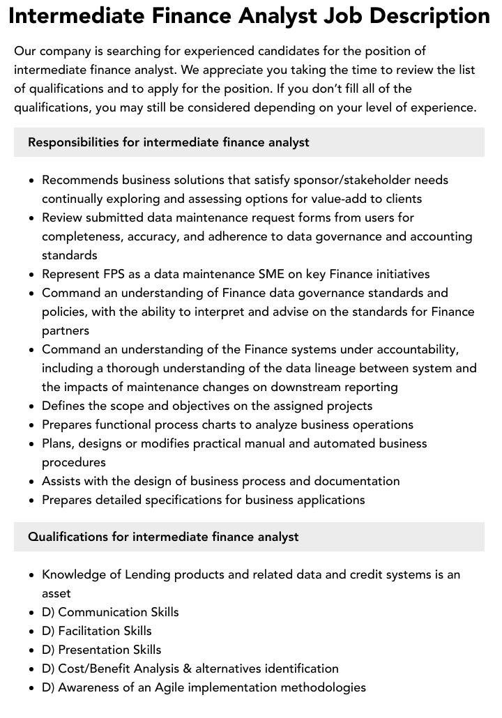 Intermediate Finance Analyst Job Description Velvet Jobs Intermediate Finance Analyst Job Description Velvet Jobs