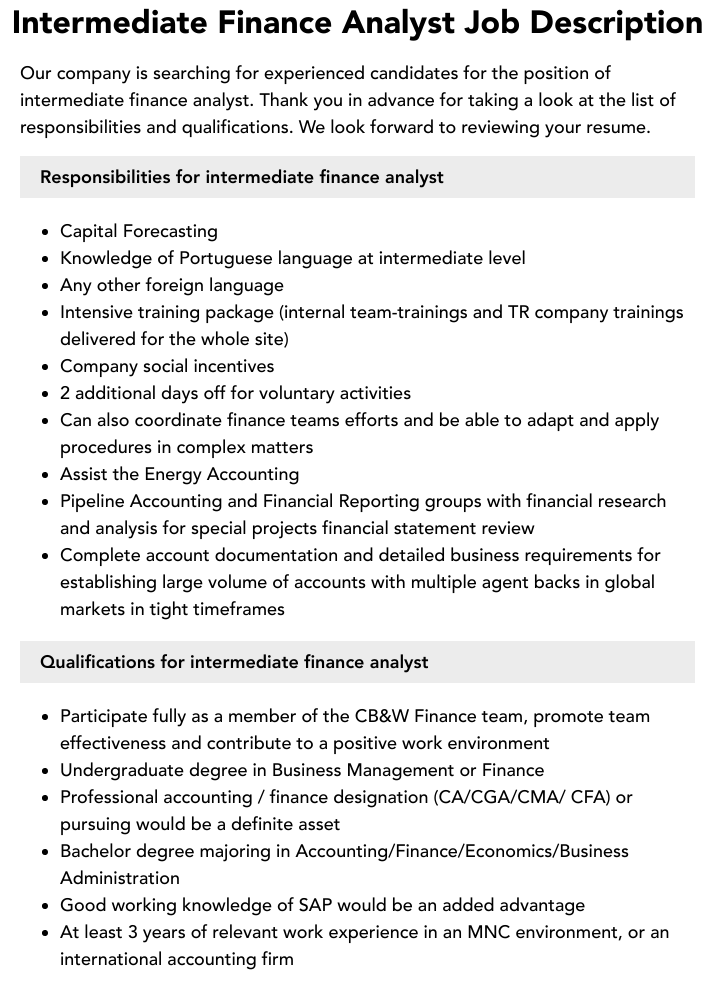 Intermediate Finance Analyst Job Description Velvet Jobs Intermediate Finance Analyst Job Description Velvet Jobs