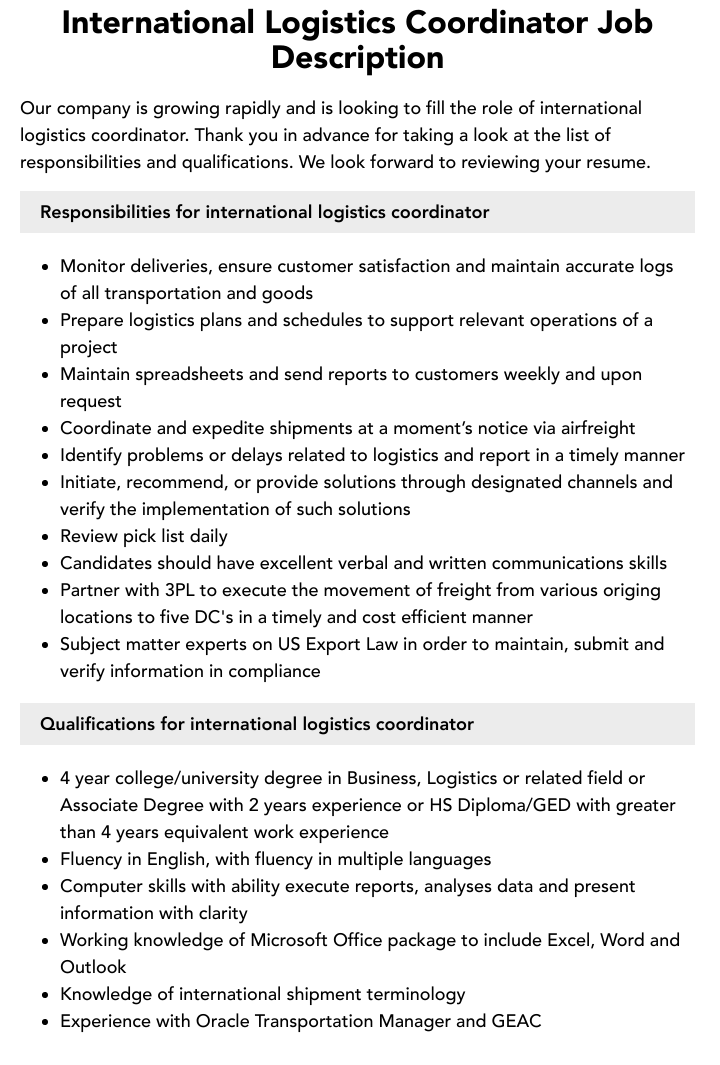 International Logistics Coordinator Job Description Velvet Jobs International Logistics Coordinator Job Description Velvet Jobs