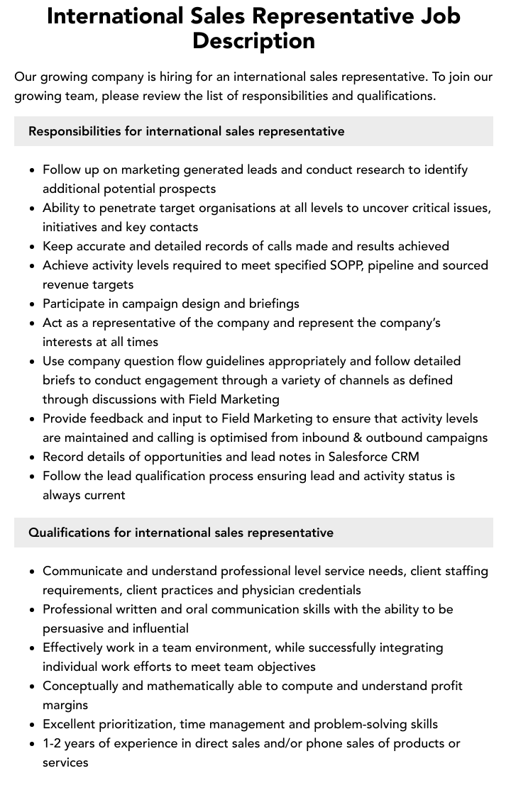 International Sales Representative Job Description Velvet Jobs