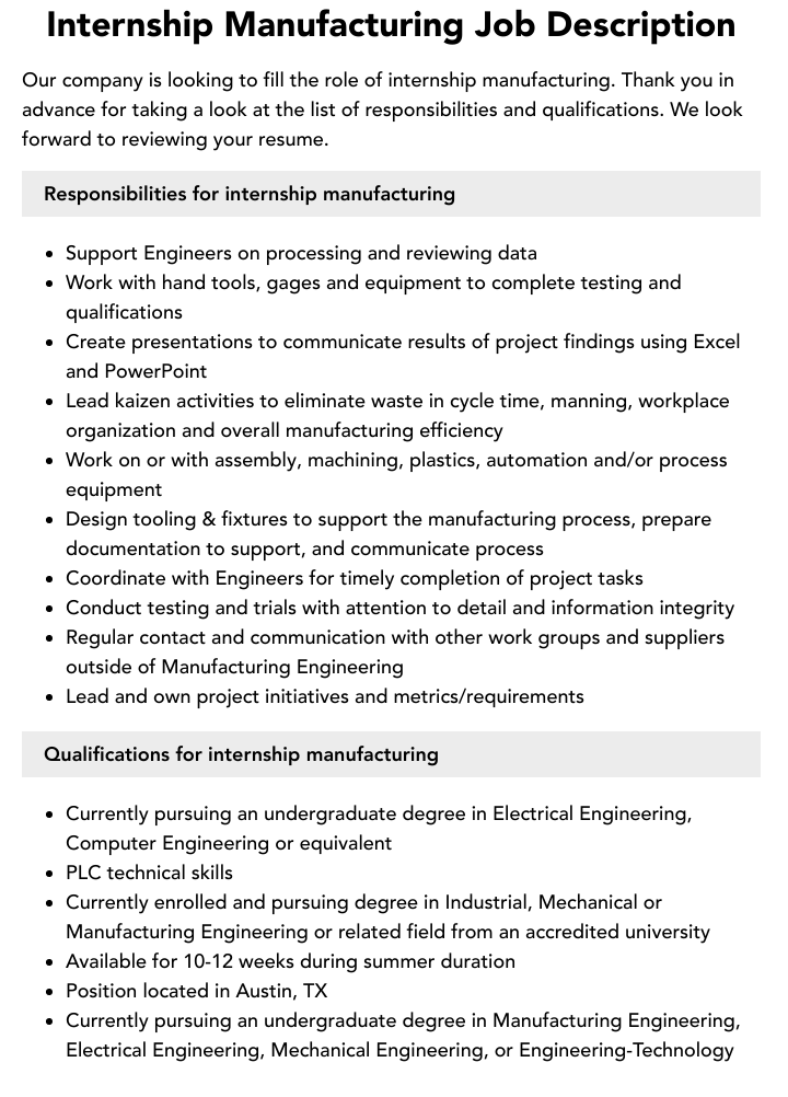 Internship Manufacturing Job Description Velvet Jobs Internship Manufacturing Job Description Velvet Jobs