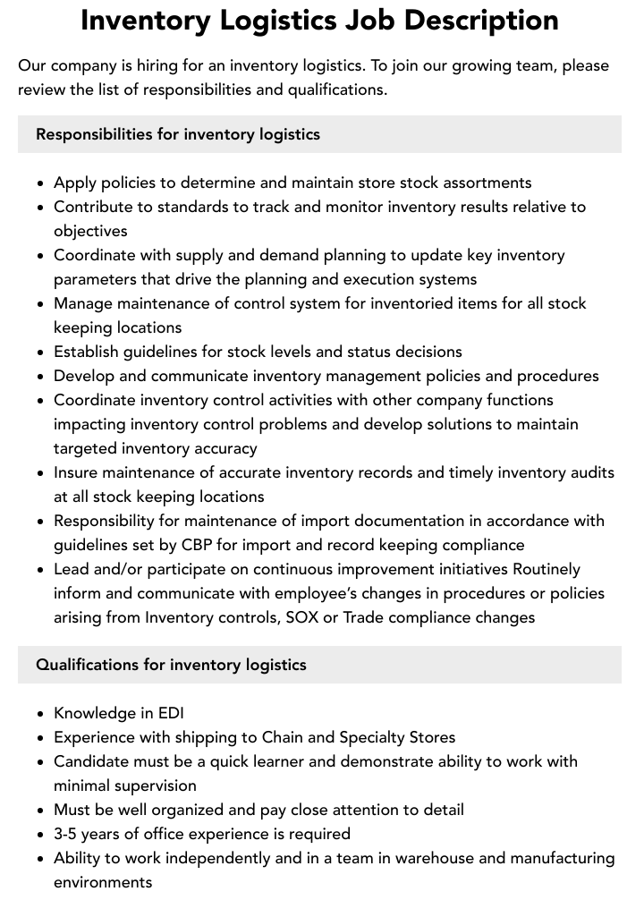 Inventory Logistics Job Description Velvet Jobs