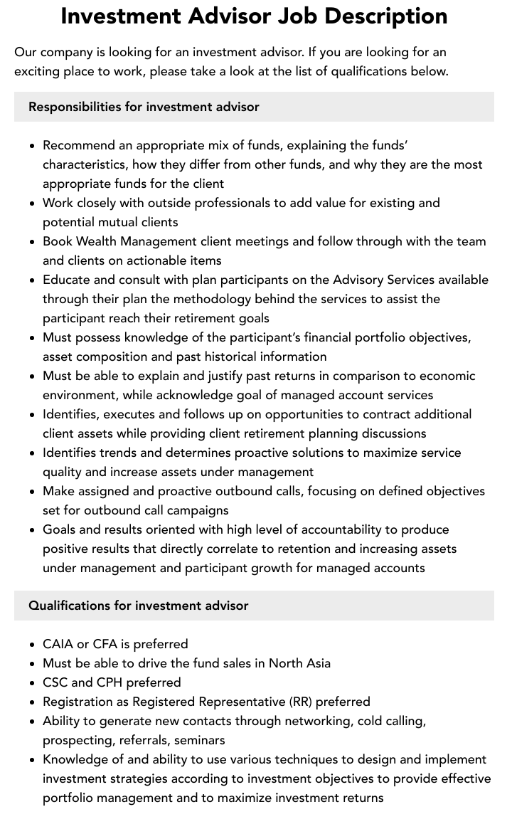 Investment Advisor Job Description Velvet Jobs Investment Advisor Job Description Velvet Jobs