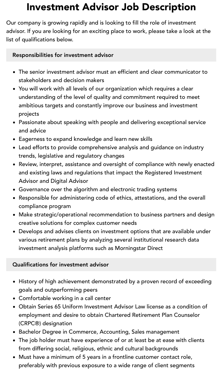 Investment Advisor Job Description Velvet Jobs Investment Advisor Job Description Velvet Jobs