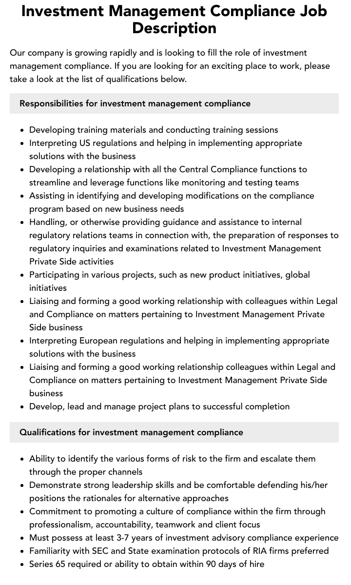 Investment Management Compliance Job Description Velvet Jobs