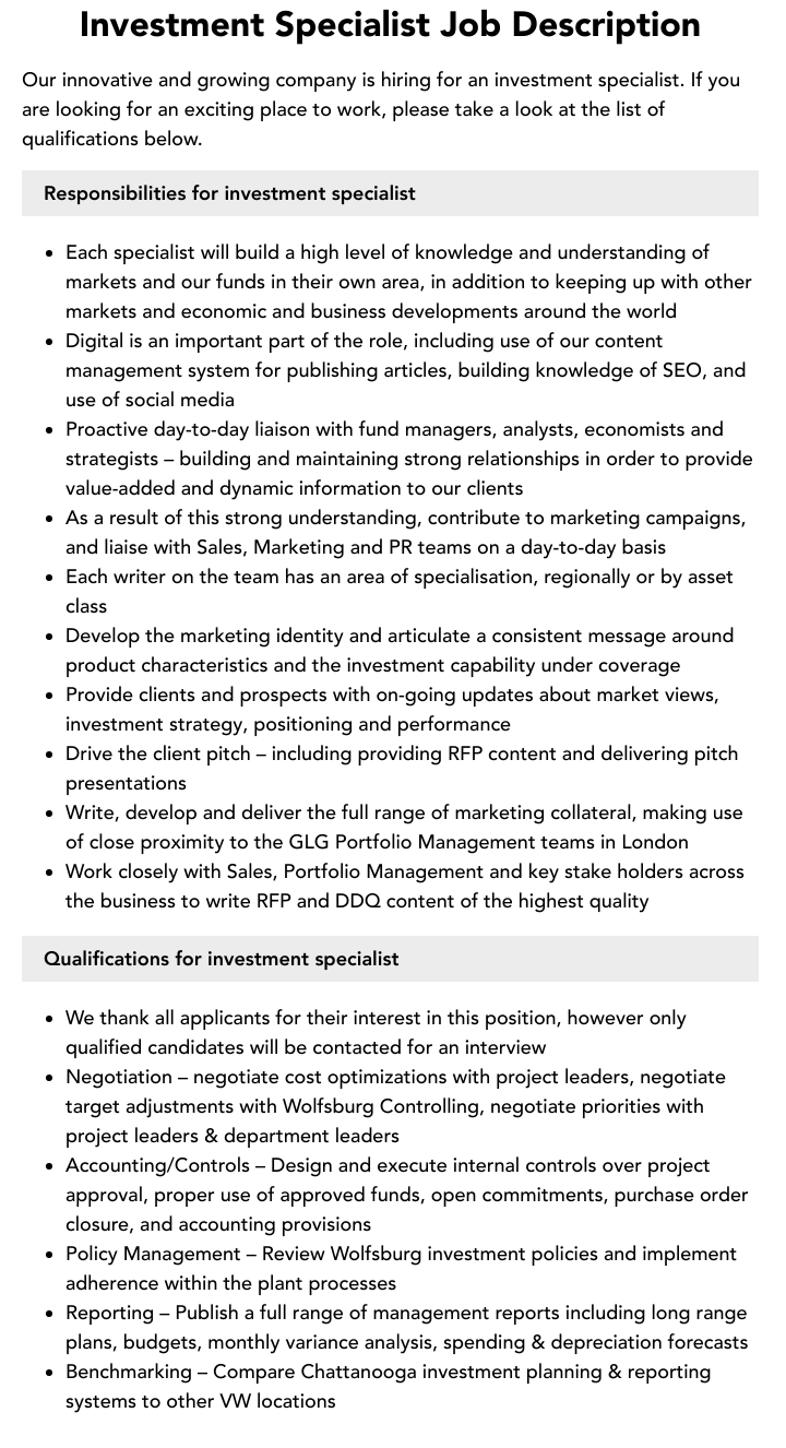 Investment Specialist Job Description Velvet Jobs Investment Specialist Job Description Velvet Jobs