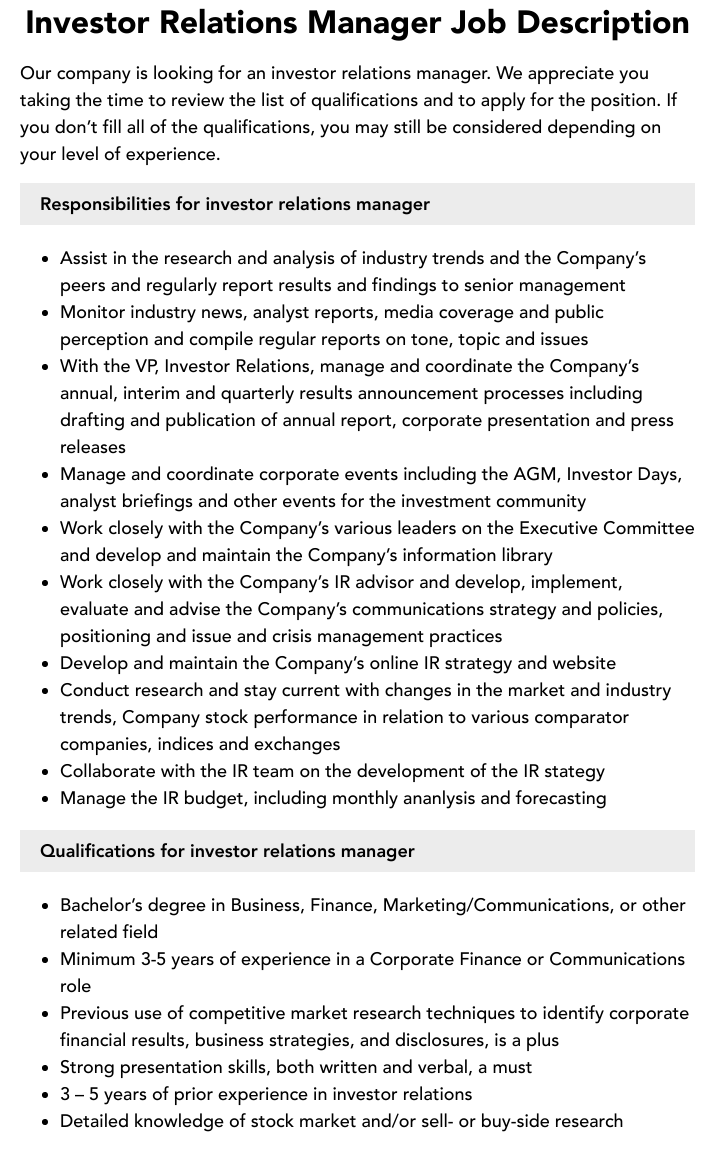 Investor Relations Manager Job Description Velvet Jobs