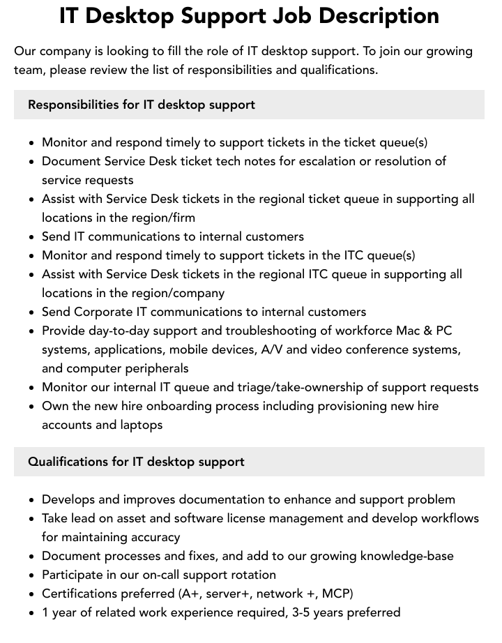 IT Desktop Support Job Description Velvet Jobs
