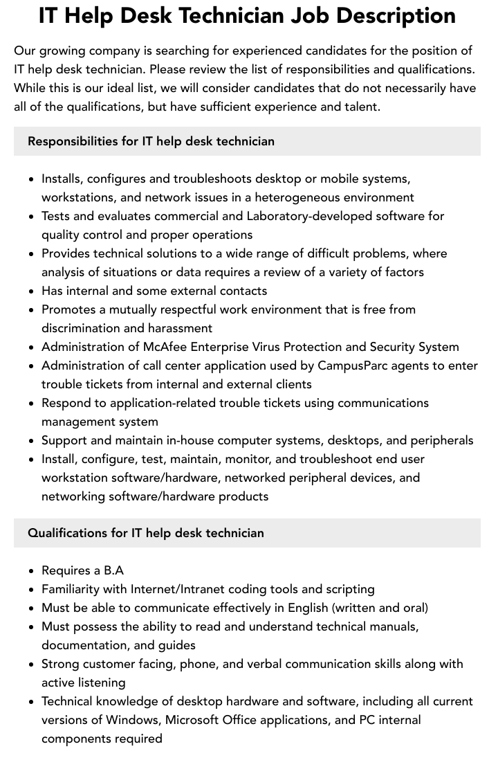 IT Help Desk Technician Job Description Velvet Jobs