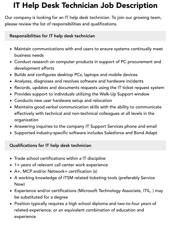 IT Help Desk Technician Job Description Velvet Jobs