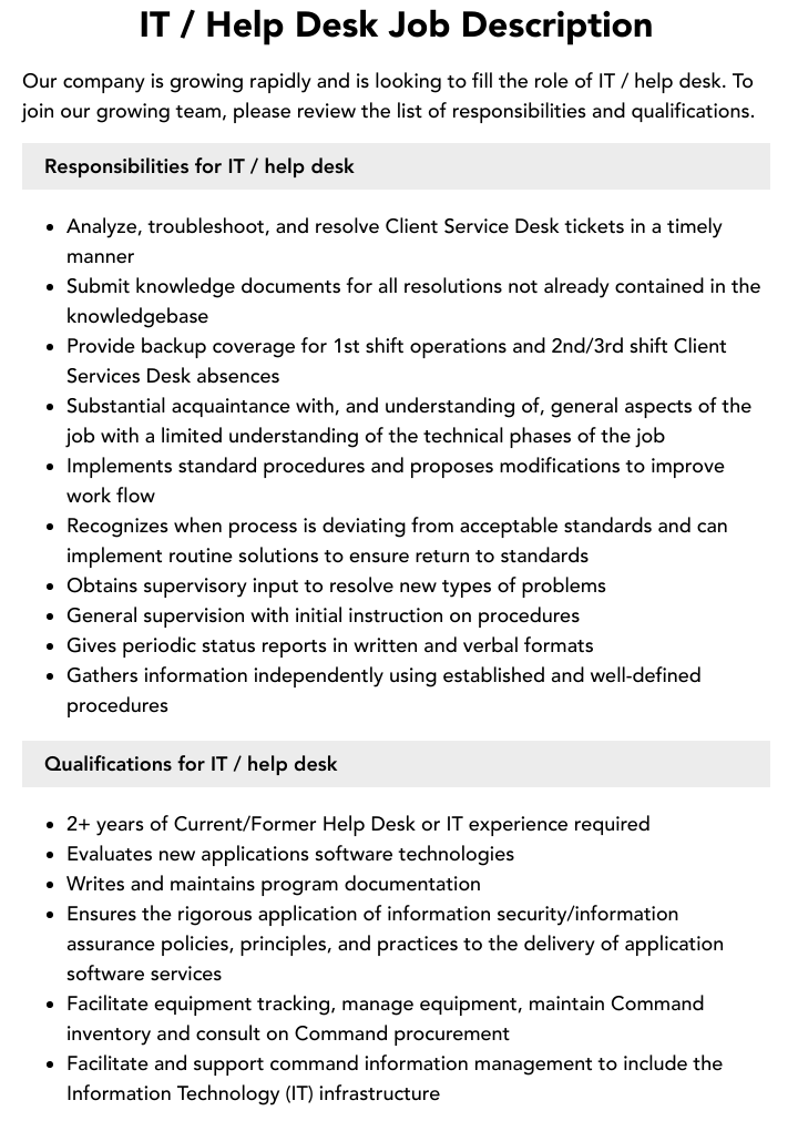 IT Help Desk Job Description Velvet Jobs