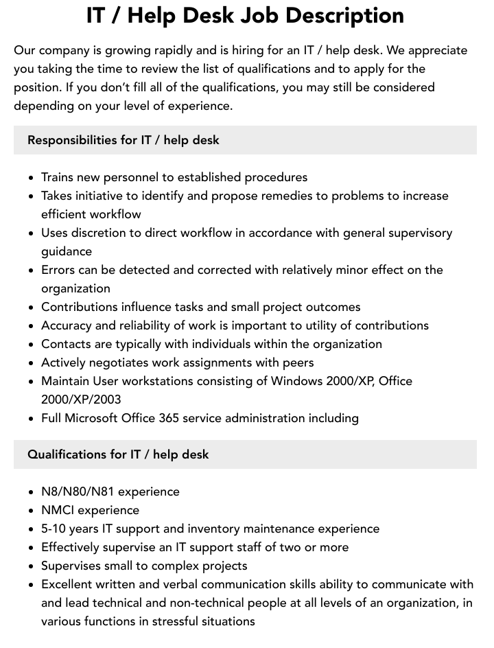 IT Help Desk Job Description Velvet Jobs