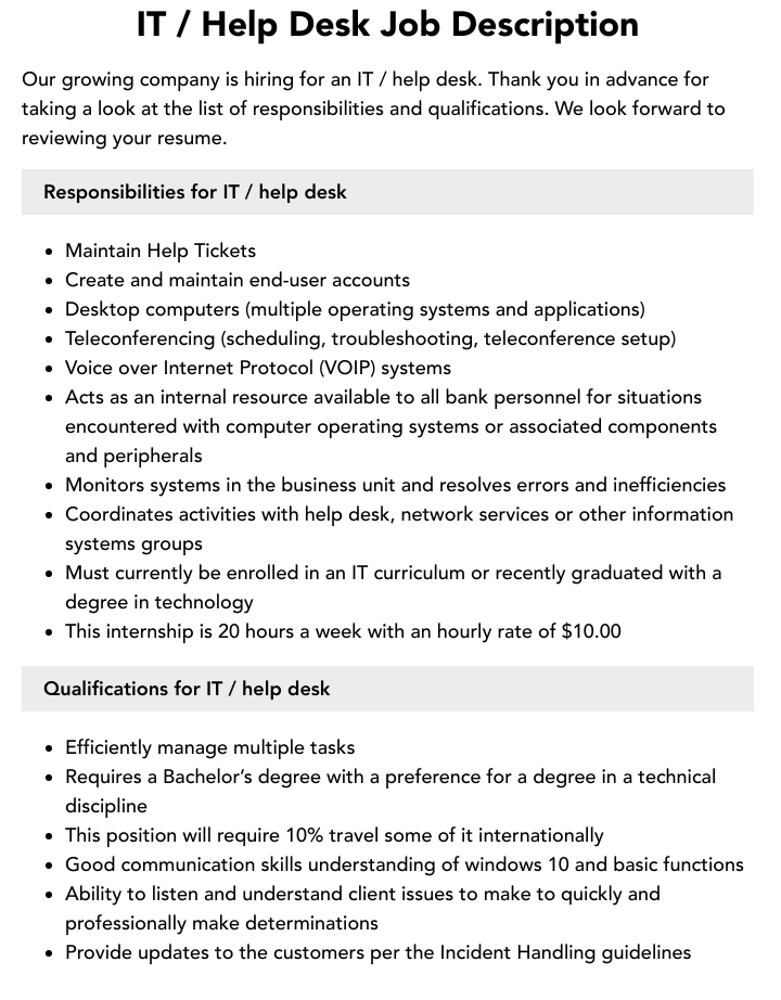 IT Help Desk Job Description Velvet Jobs