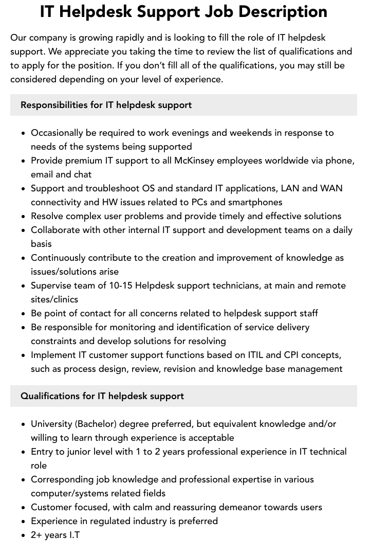 IT Helpdesk Support Job Description Velvet Jobs