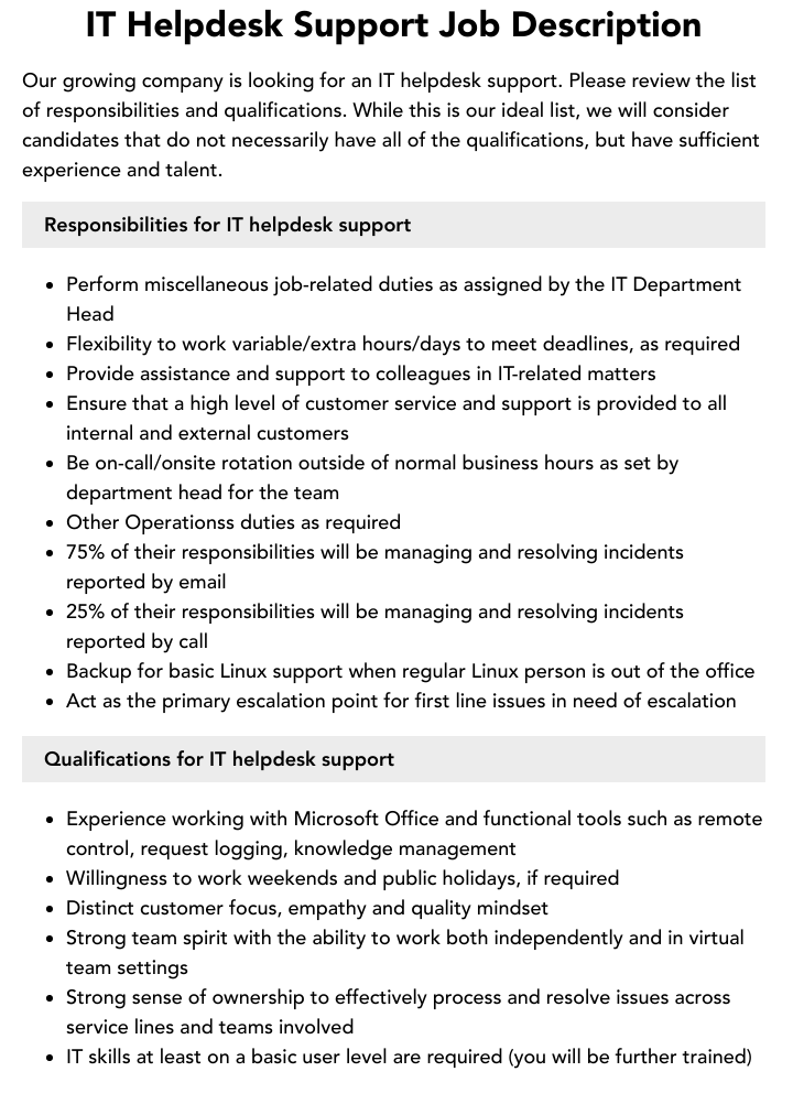 IT Helpdesk Support Job Description Velvet Jobs