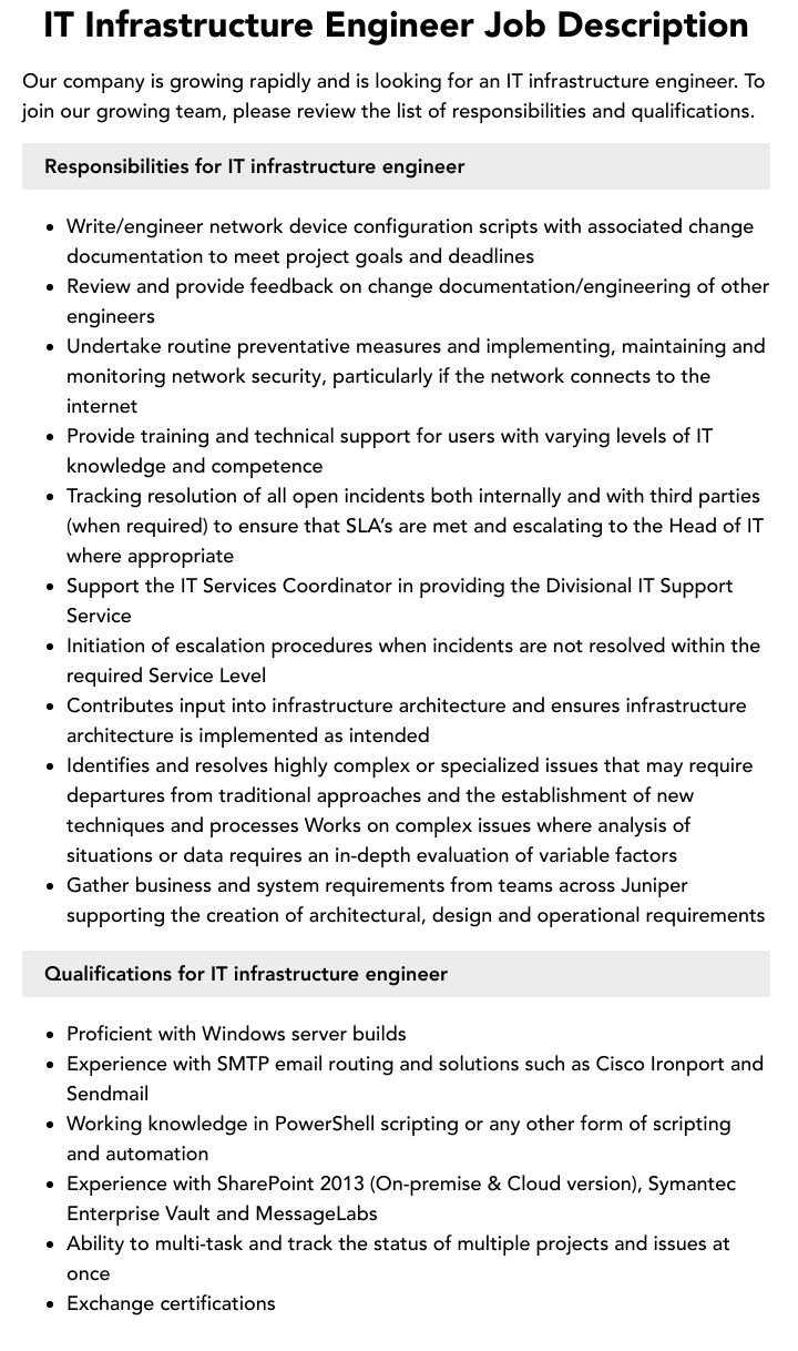 IT Infrastructure Engineer Job Description Velvet Jobs